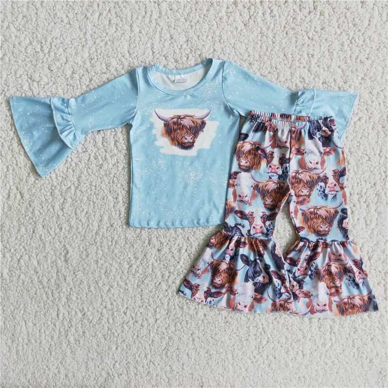 Fall Outfit Blue Highland Cow Ruffle Pants Girls Set – Sunshine Kids ...